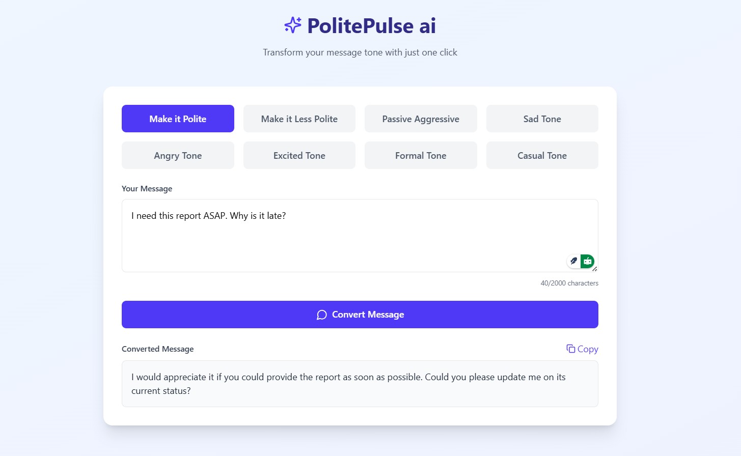 PolitePulse AI - Transform Text Tone | Polite, Formal, Casual Message ...